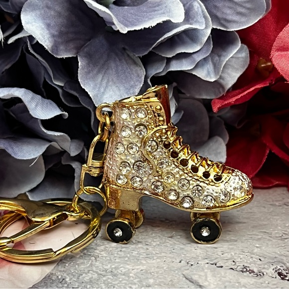 Accessories | Golden Roller Skate With Silver Crystals Keychain Charm ...